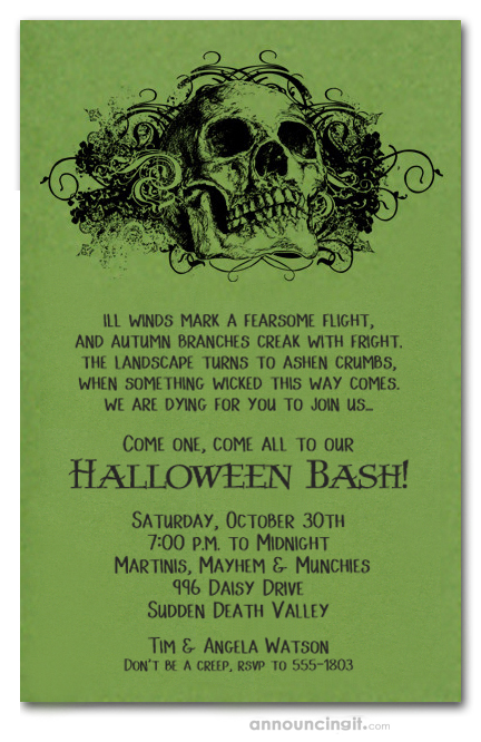 Grunge Skull On Green Halloween Party Invitations