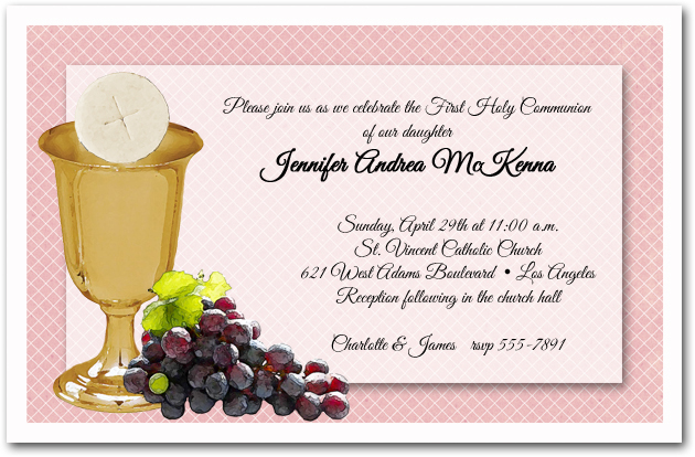 Chalice Wafer Grapes Girls First Communion Invitations