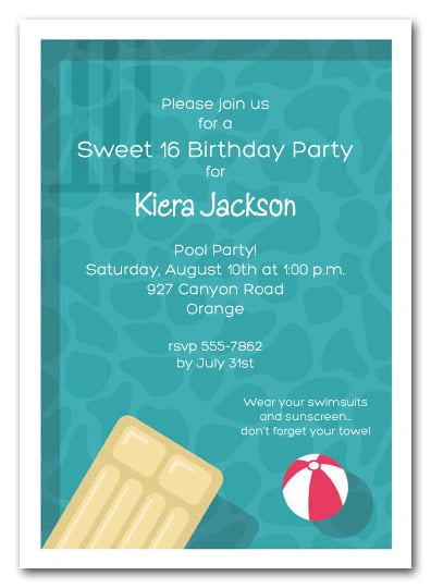 Sweet Sixteen Cool Pool Swimming Party Invitations