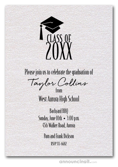 Grad Hat on Shimmery White Graduation Invitations or Announcements